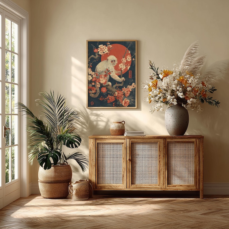 Japanese Art Poster | Snow Monkey With Cherry Blossoms | Red Sun Wall ...