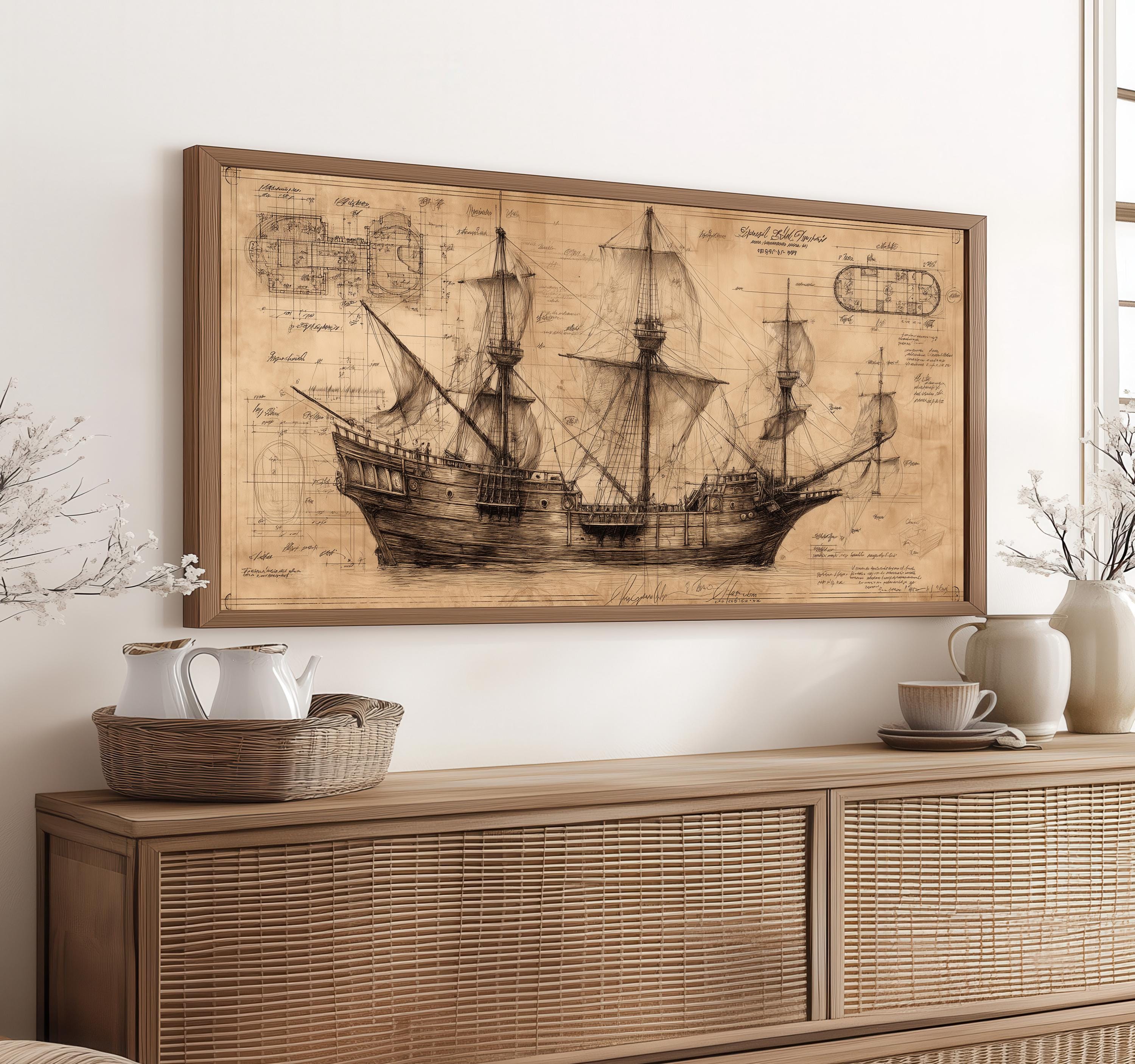 Pirate Ship Panoramic – Vintage Sailing Ship Architectural Sketch ...