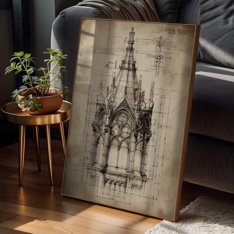 Gothic Spire Blueprint Poster – Vintage Gothic Architecture Sketch ...