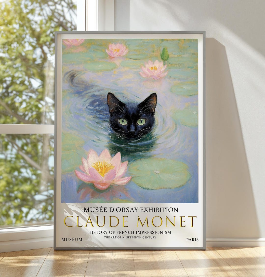 Claude Monet Cat Water Lily Art Print Whimsical Impressionist Decor ...