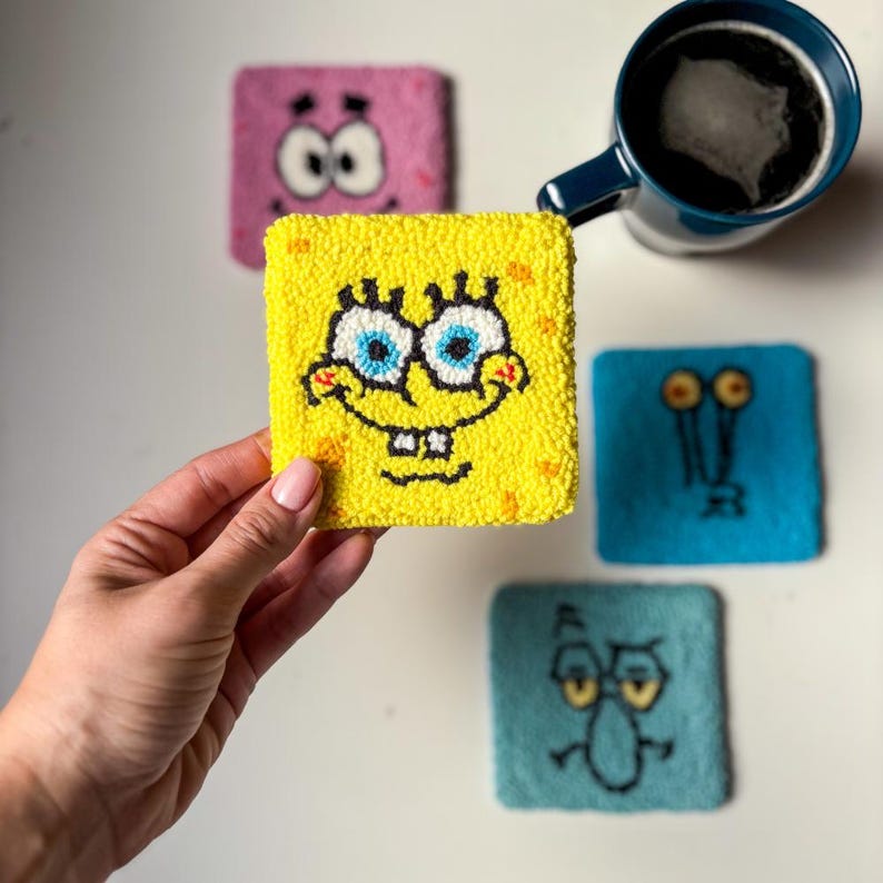 Cartoon Sponge Punch Needle Coaster, Cartoon Mug Mats, Housewarming ...
