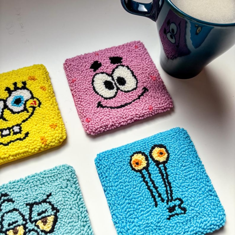 Cartoon Sponge Punch Needle Coaster, Cartoon Mug Mats, Housewarming ...