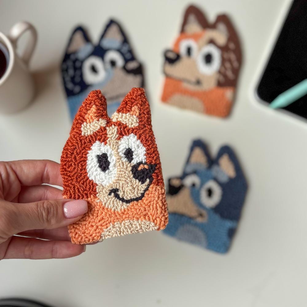 Bluey Punch Needle Coaster, Bingo Cartoon Character Drink Mug Rug, Kids ...