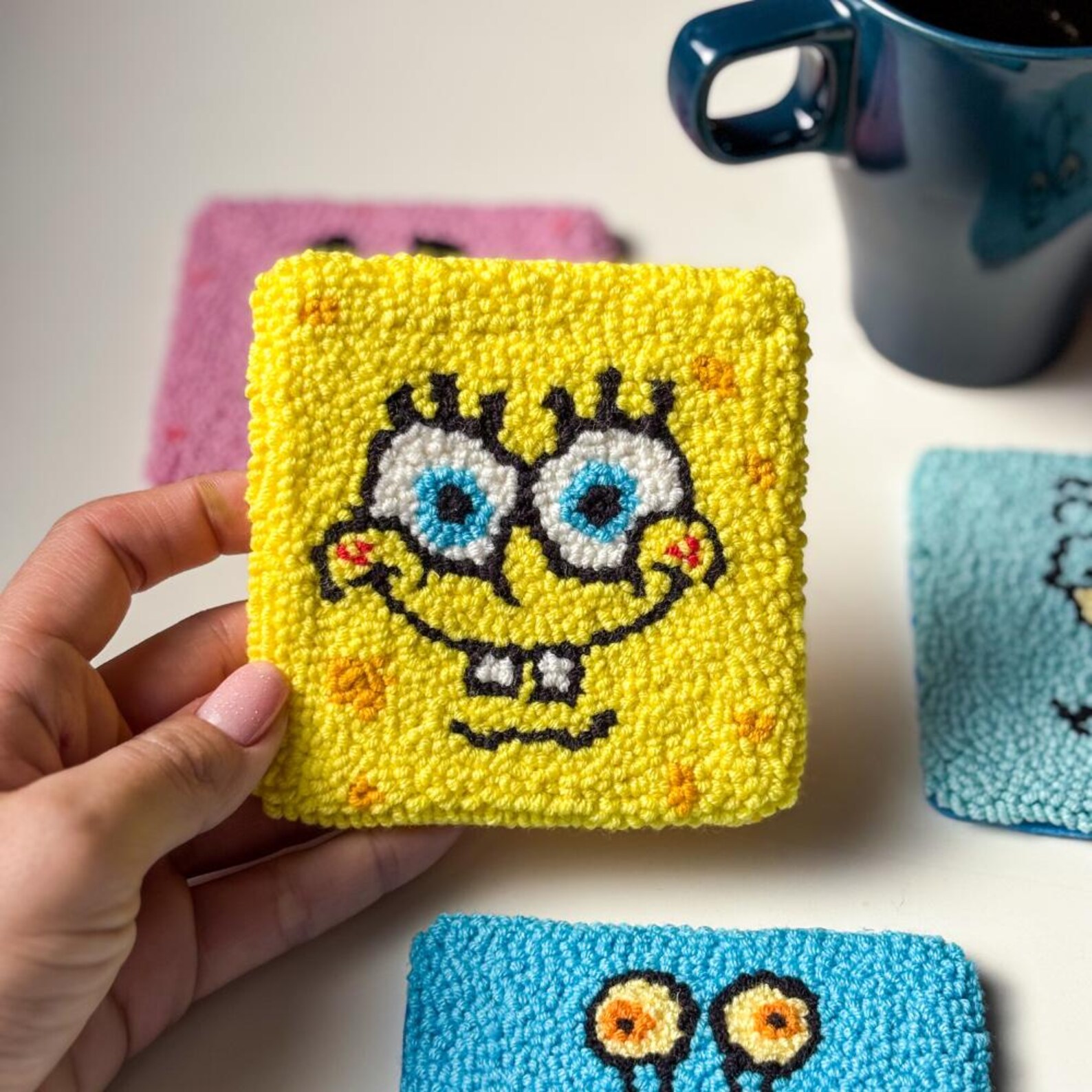 Cartoon Sponge Punch Needle Coaster, Cartoon Mug Mats, Housewarming ...