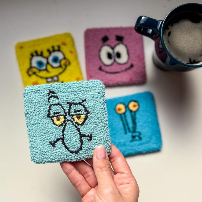 Cartoon Sponge Punch Needle Coaster, Cartoon Mug Mats, Housewarming ...