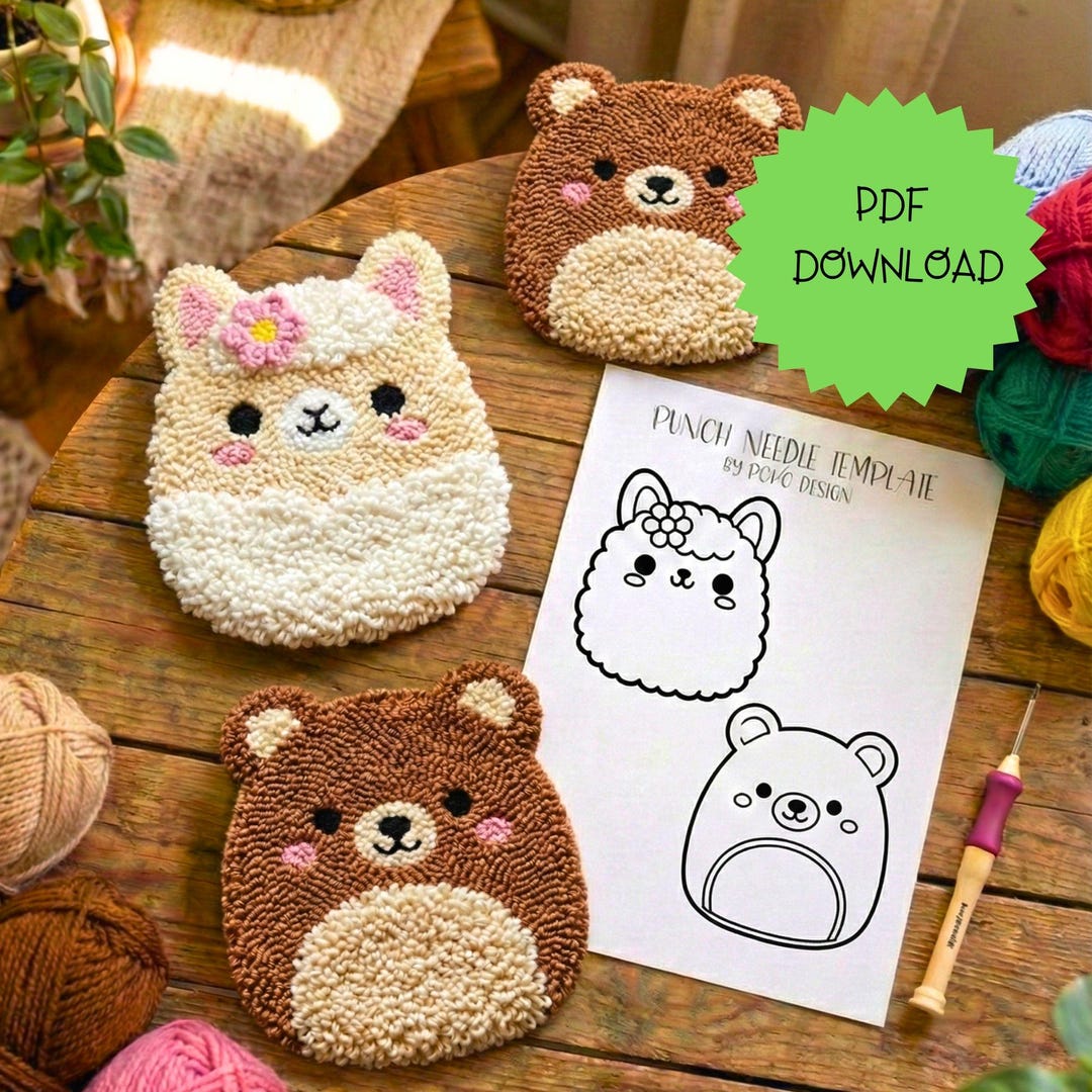 Kawaii Punch Needle Pattern PDF, Squishy Alpaca and Bear Template ...
