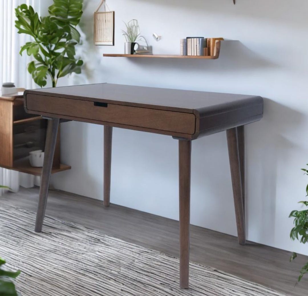 Mid-century Computer Desk With Storage Drawers, MDF + Wood, 23.5" D X ...
