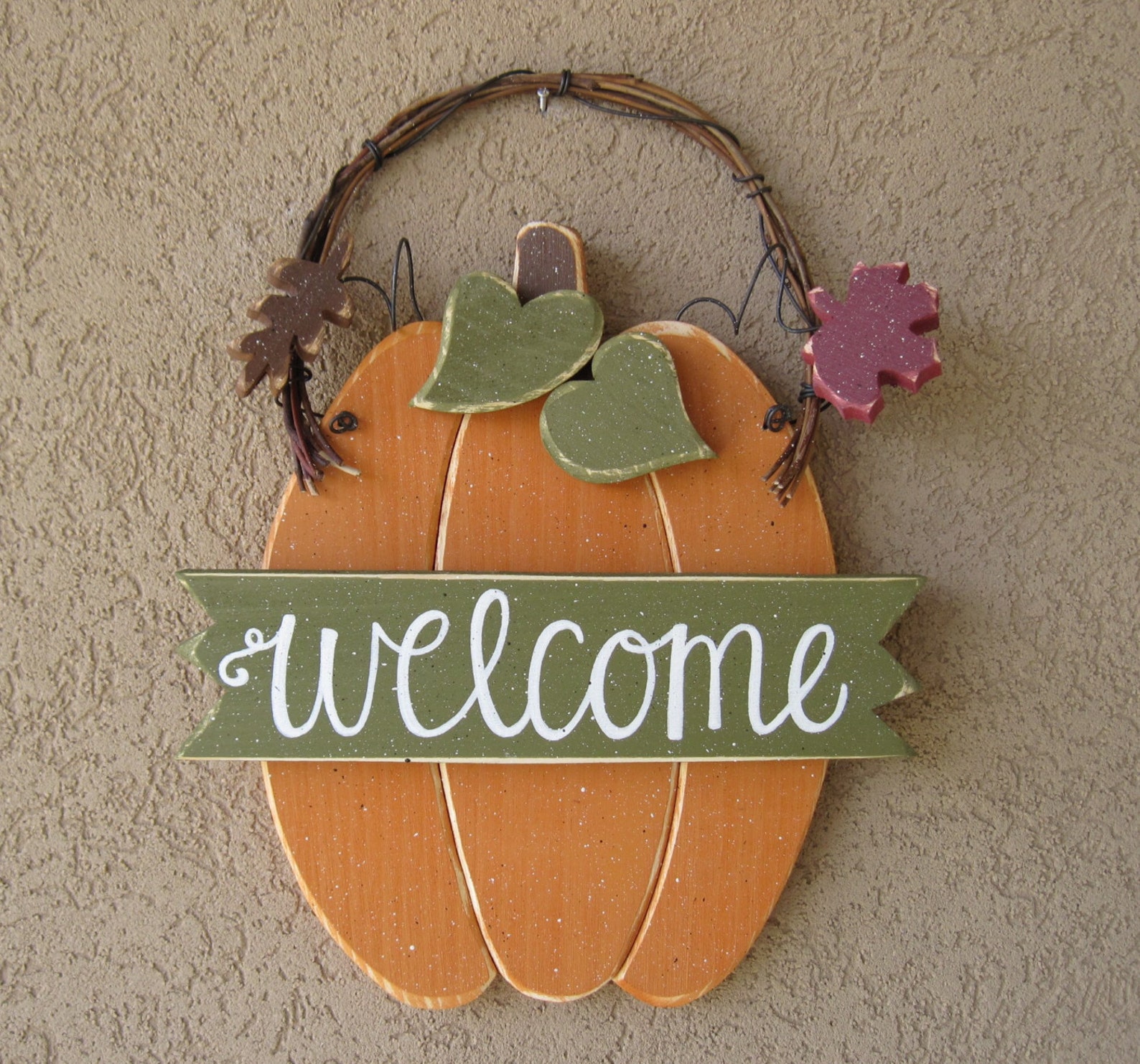 WELCOME PUMPKIN With Autumn Leaves for Fall Wall and Door | Etsy