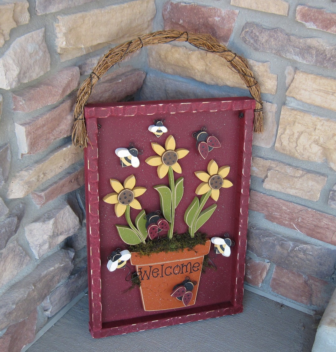 WELCOME FLOWER POT With Sunflowers, Lady Bugs, and Bees for Home Decor ...