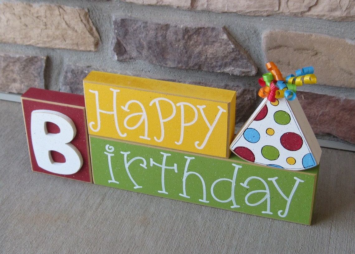 HAPPY BIRTHDAY BLOCKS With Birthday Hat for Table Decor Desk - Etsy