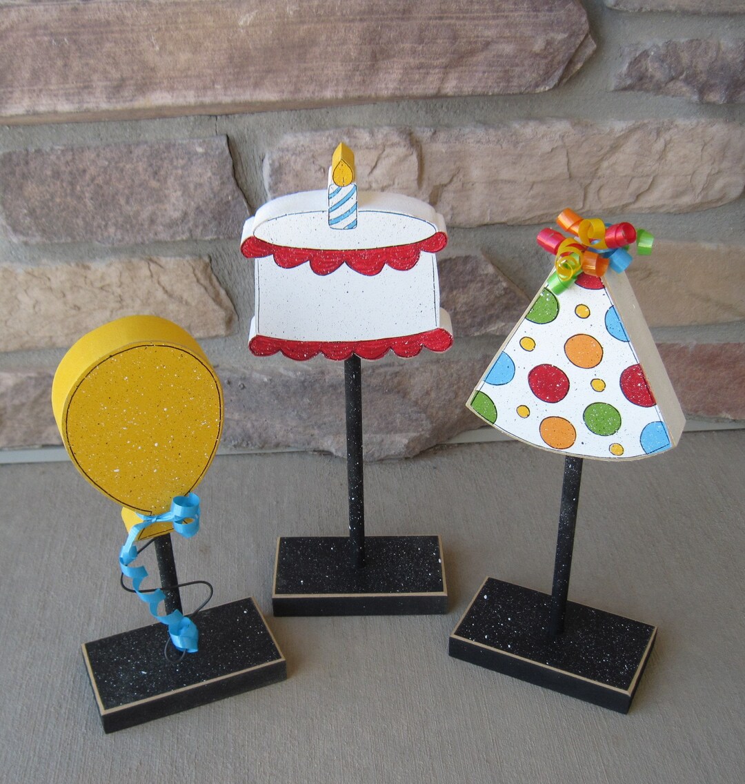 3 Tall Standing BIRTHDAY THEMED Block SET With Birthday Cake, Party Hat ...