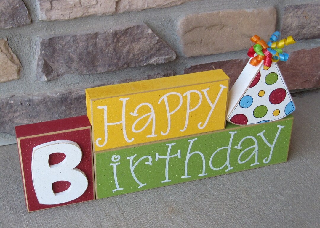HAPPY BIRTHDAY BLOCKS With Birthday Hat for Table Decor, Desk, Shelf ...