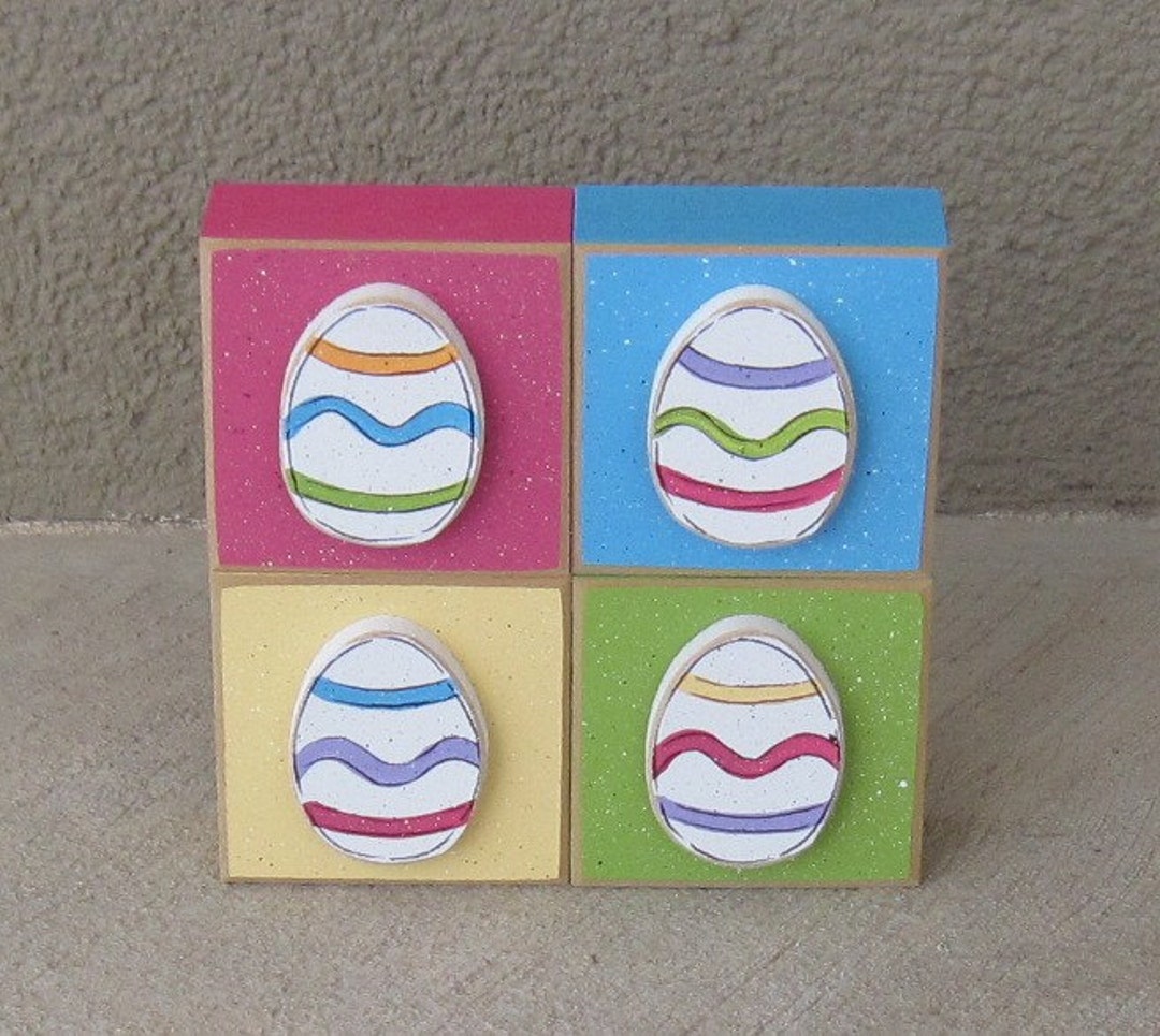 4 BLOCK Easter Themed Set With an Easter Eggs for Desk, Shelf, Mantle ...