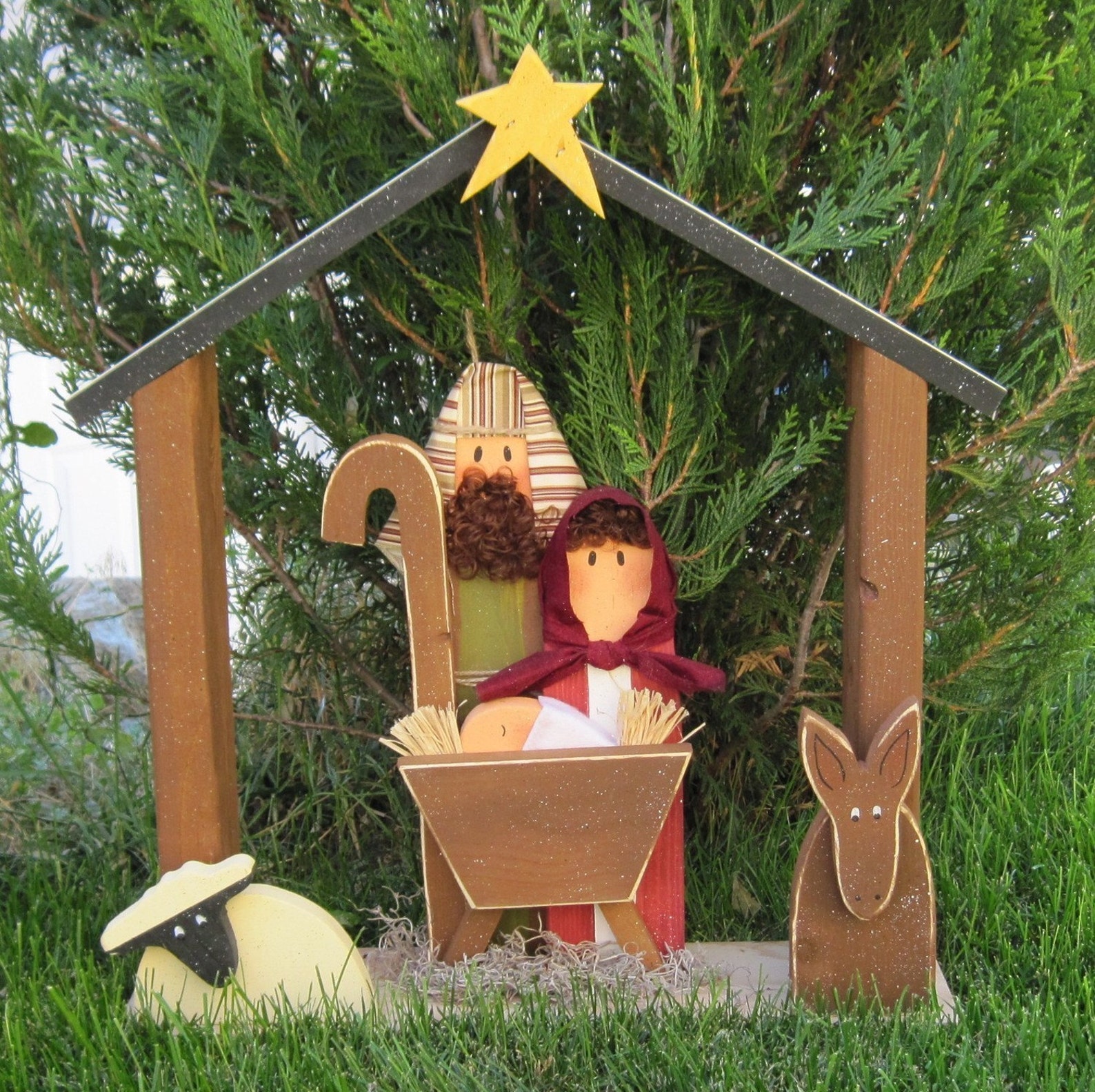 LARGE WOOD NATIVITY for Christmas, Holiday, Noel, Baby Jesus, Donkey ...