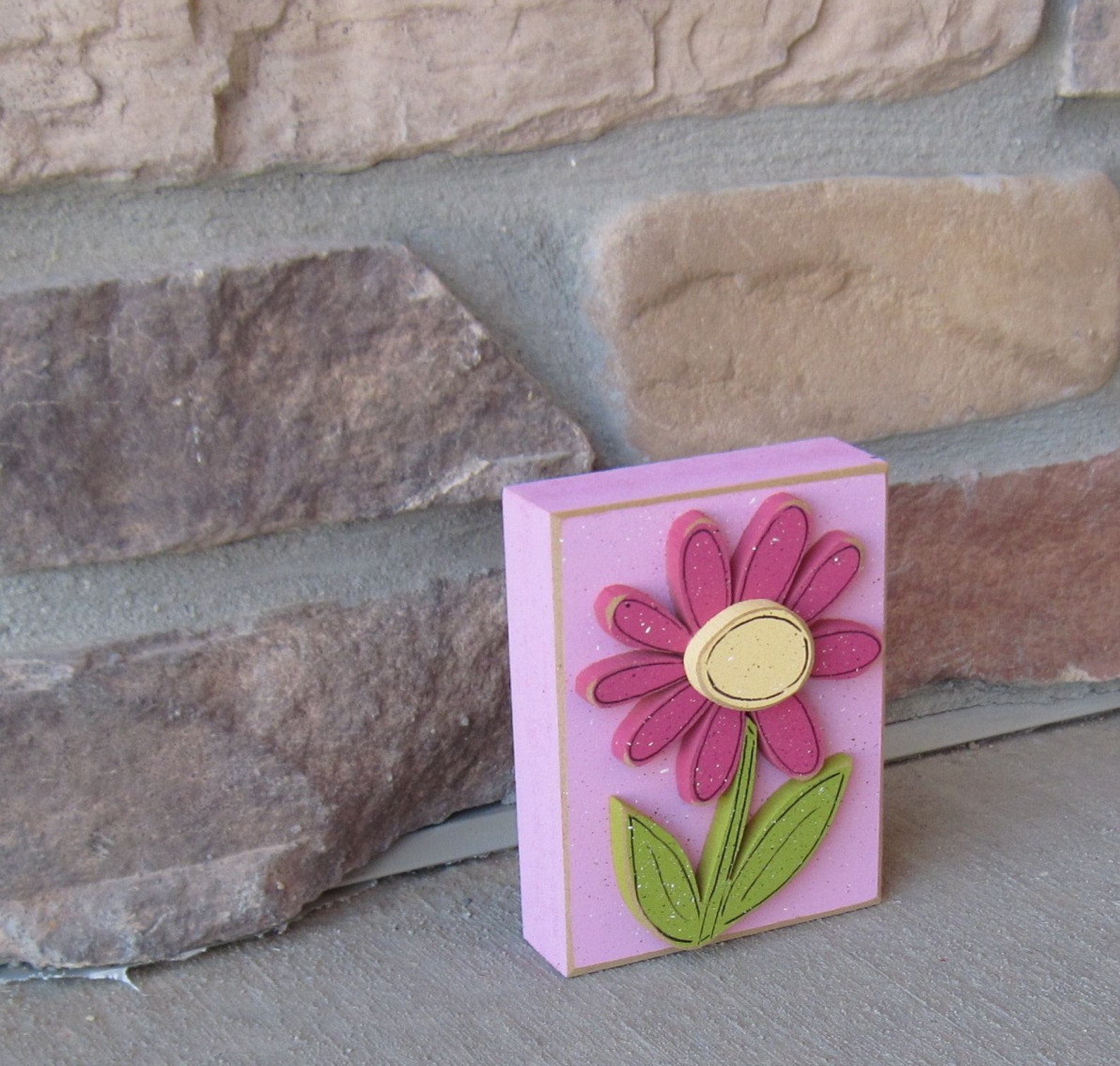 Pink BLOCK With Hot Pink DAISY for Shelf, Desk, Office, Mantle and Home ...