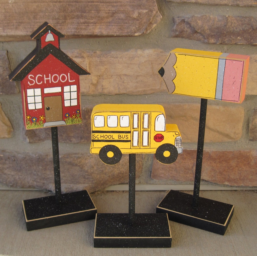 3 Tall Standing SCHOOL THEMED Block SET With School House, Bus, and ...
