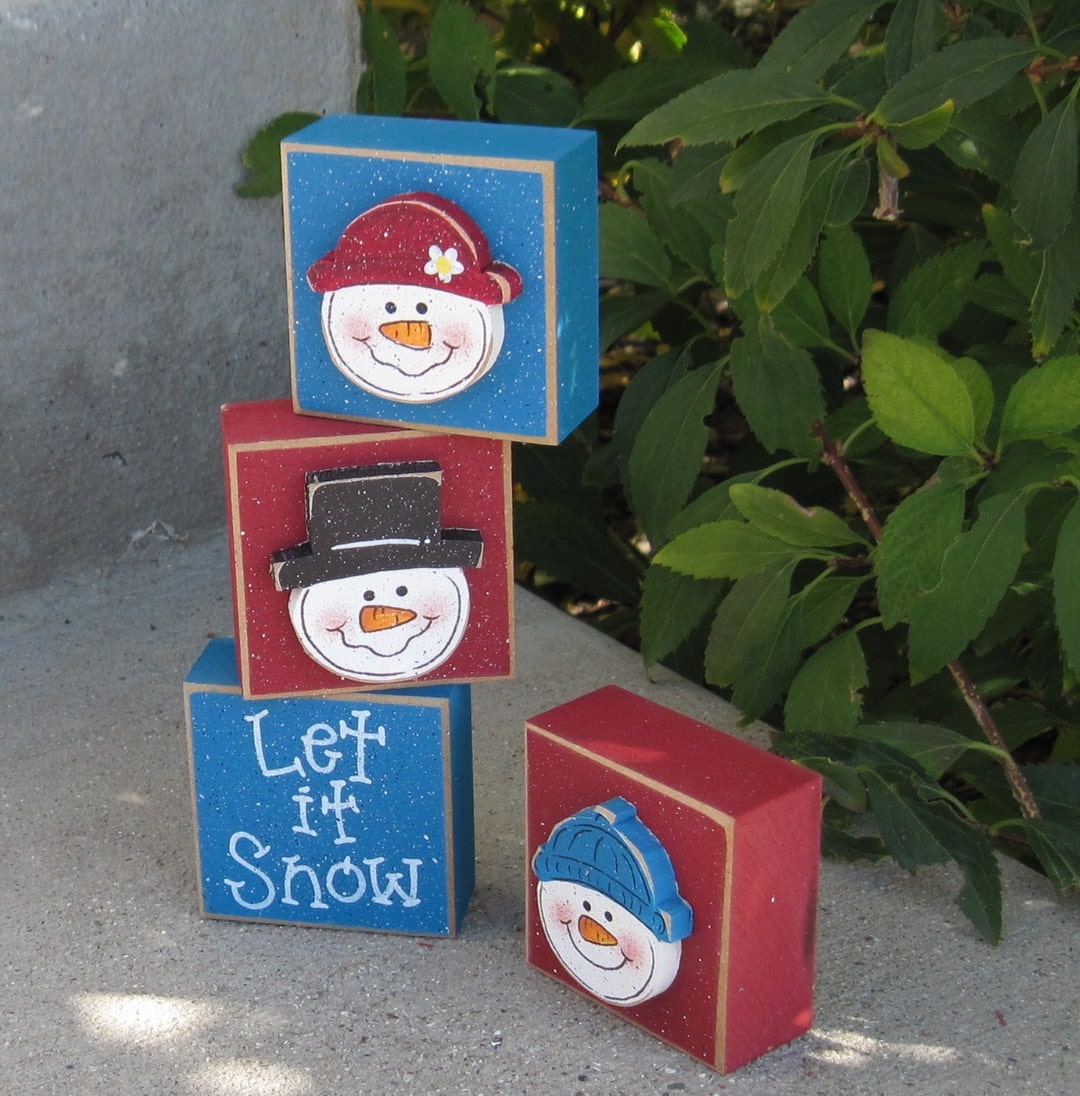 4 BLOCK Let It Snow SNOWMAN SET for Desk, Shelf, Mantle, Holiday ...