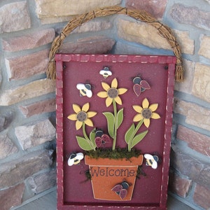 WELCOME FLOWER POT With Sunflowers, Lady Bugs, and Bees for Home Decor ...