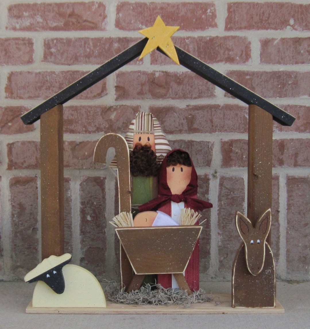 LARGE WOOD NATIVITY for Christmas, Holiday, Noel, Baby Jesus, Donkey ...