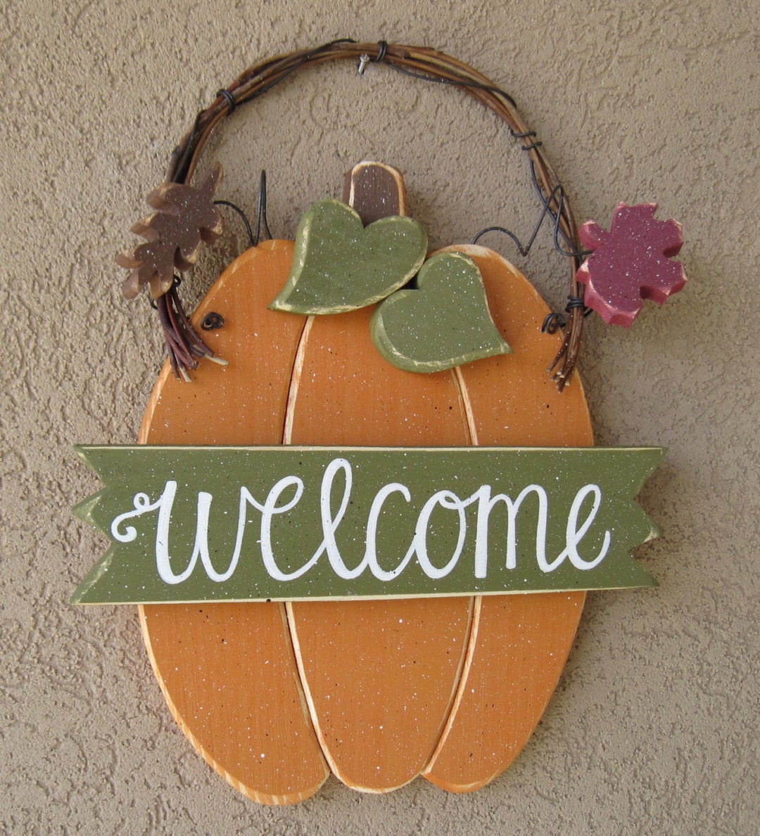 WELCOME PUMPKIN With Autumn Leaves for Fall, Wall and Door Hanging ...