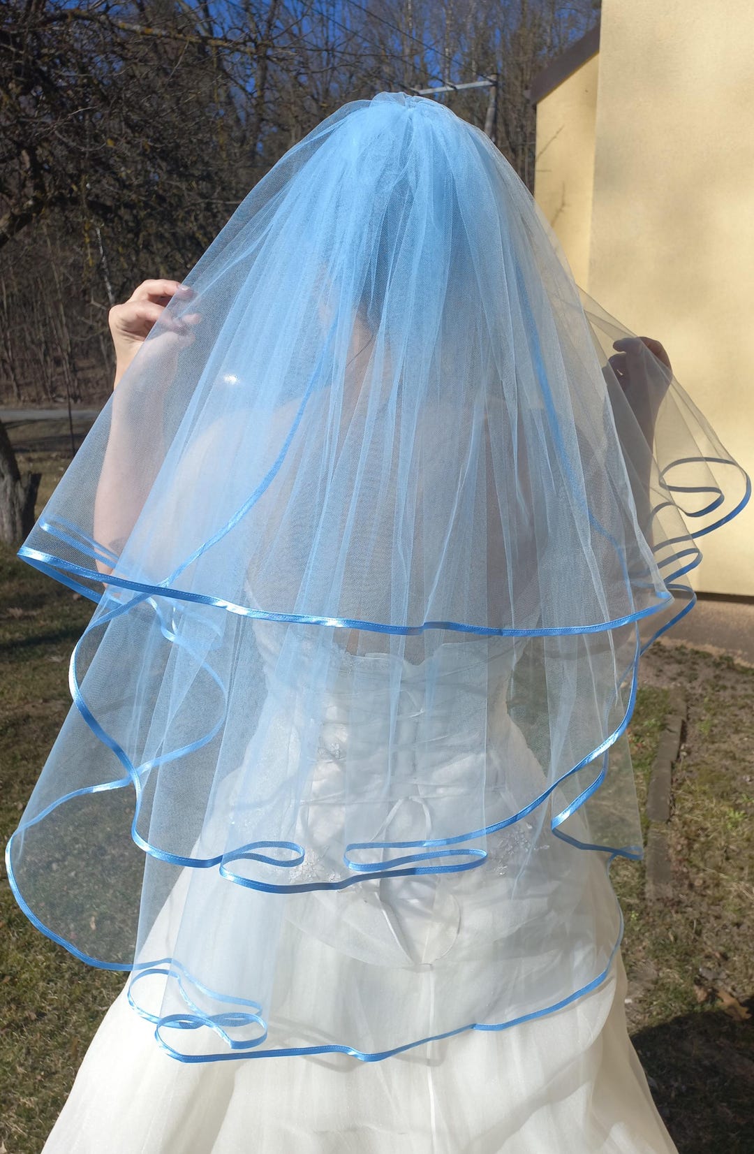 Light Blue Wedding Veil With Satin Ribbon, 3-tier - Etsy