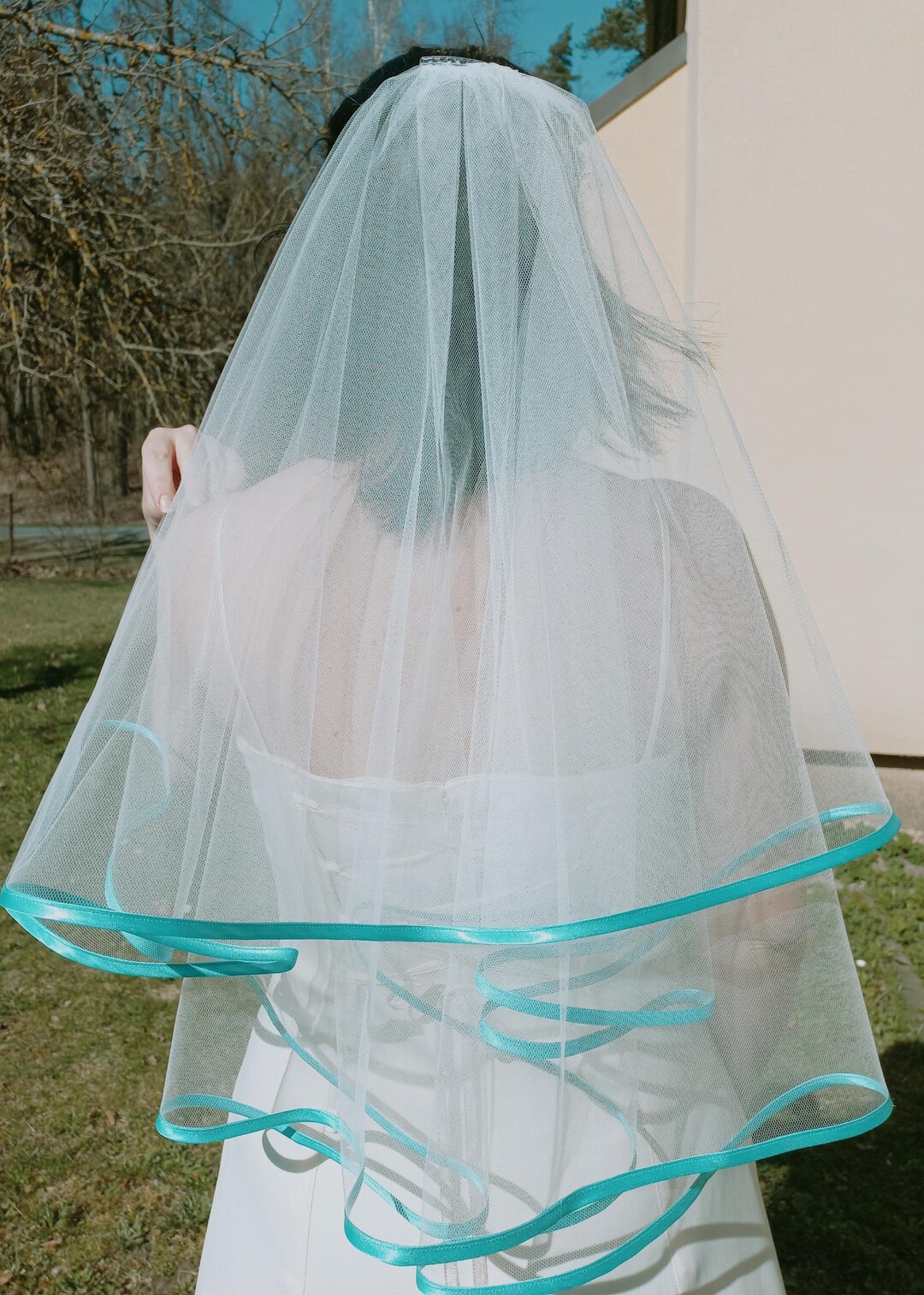 Ivory Bachelorette Party or Wedding Veil With Turquoise Satin Trim, 2 ...