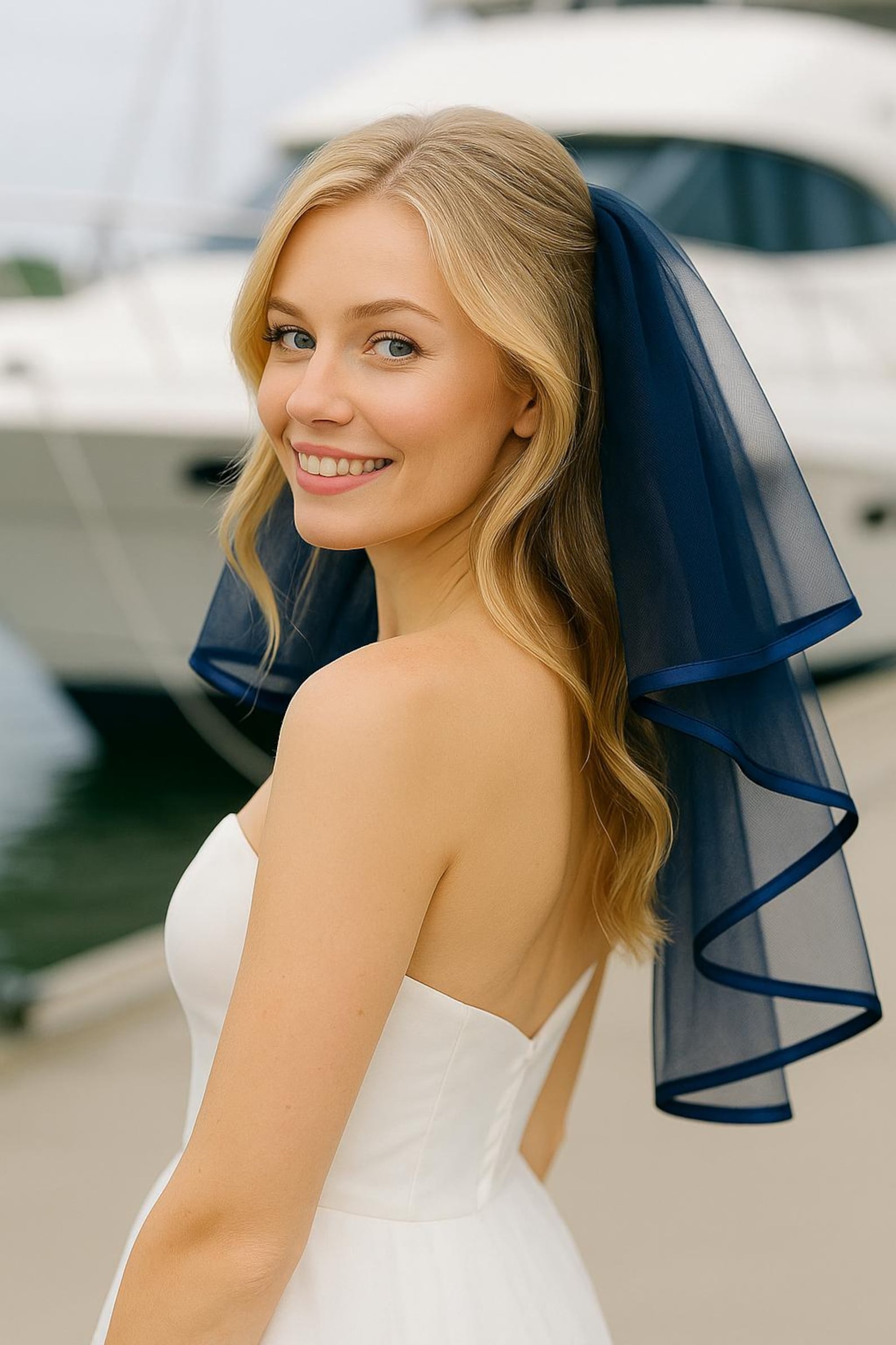 Navy Blue Wedding Veil With Satin Edge | Nautical Two-tier Bridal Veil ...