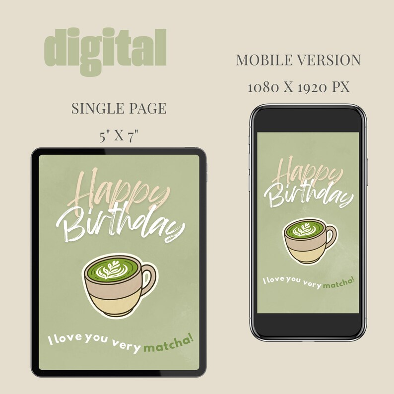 Matcha Latte Birthday Card, Minimalist Design (digital Download) - Etsy