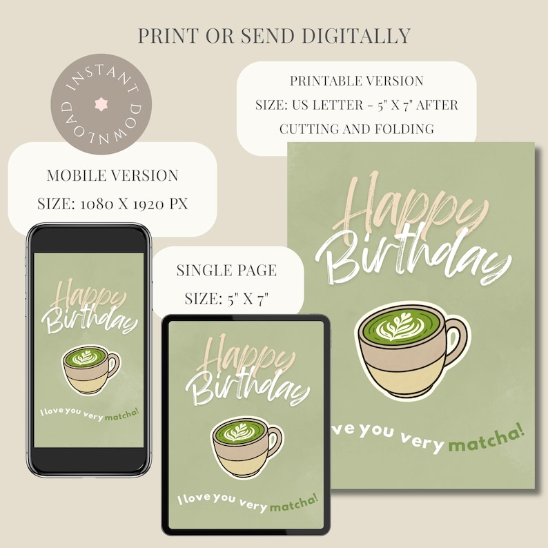 Matcha Latte Birthday Card, Minimalist Design (digital Download) - Etsy