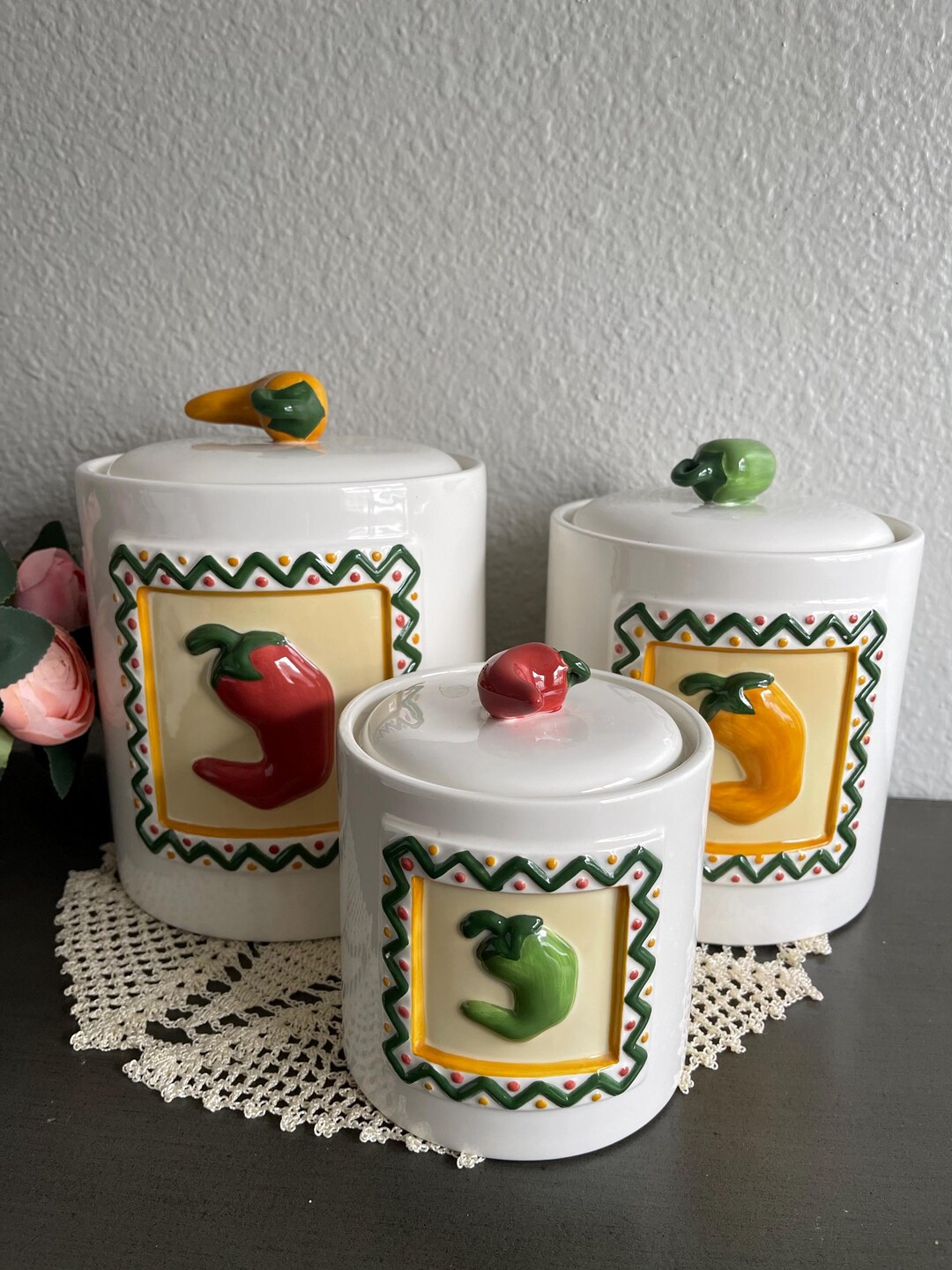 Clay Art Chilli Pepper - Vintage Set of 3 Canisters - Hand Painted Jar ...