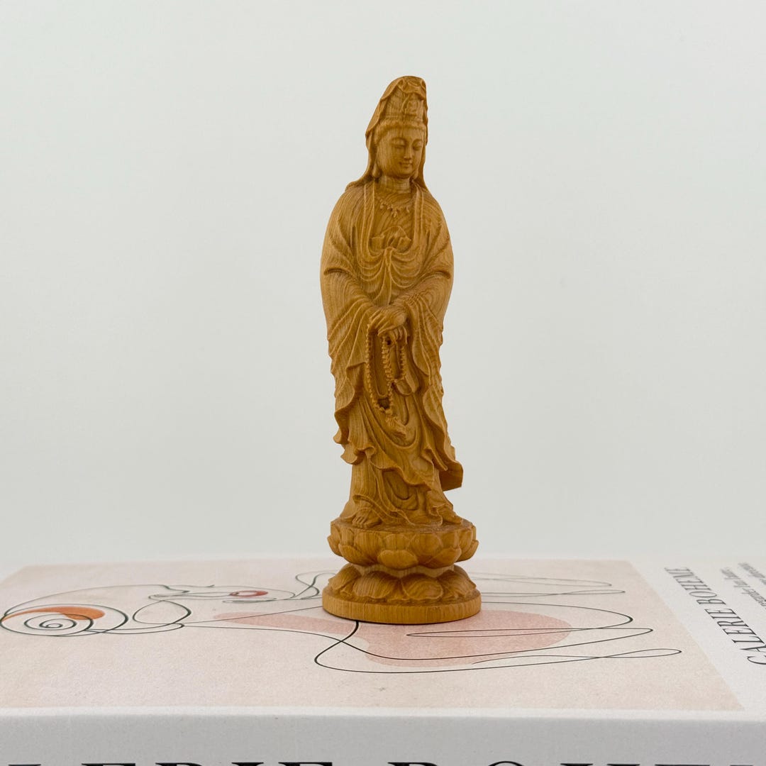 Guanyin Buddha Statue – Hand-carved Natural Cypress Wood Sculpture ...