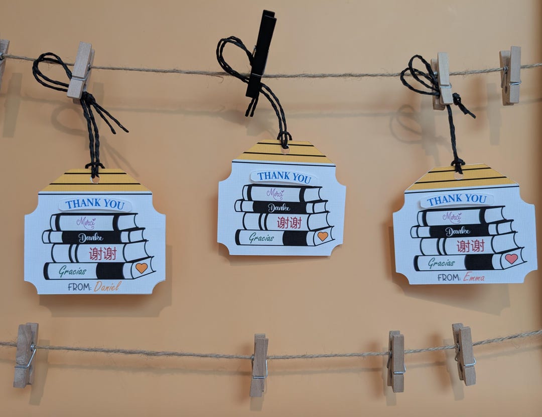 Multilingual Thank You Gift Tags: Teacher Appreciation, Stack of Books ...