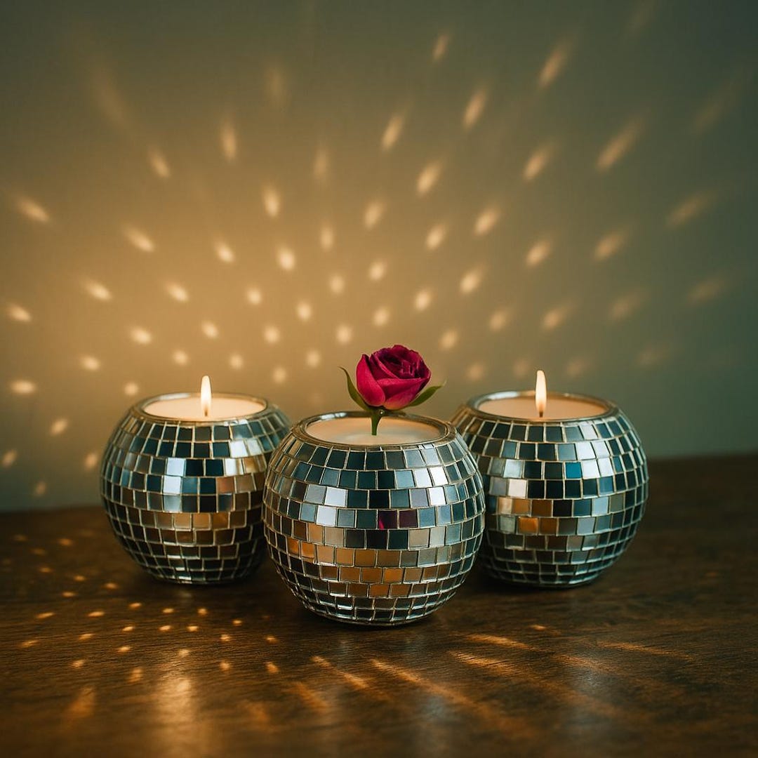 Disco Candle Holder – Funky Glass Mirror Ball Decor – Retro Boho ...