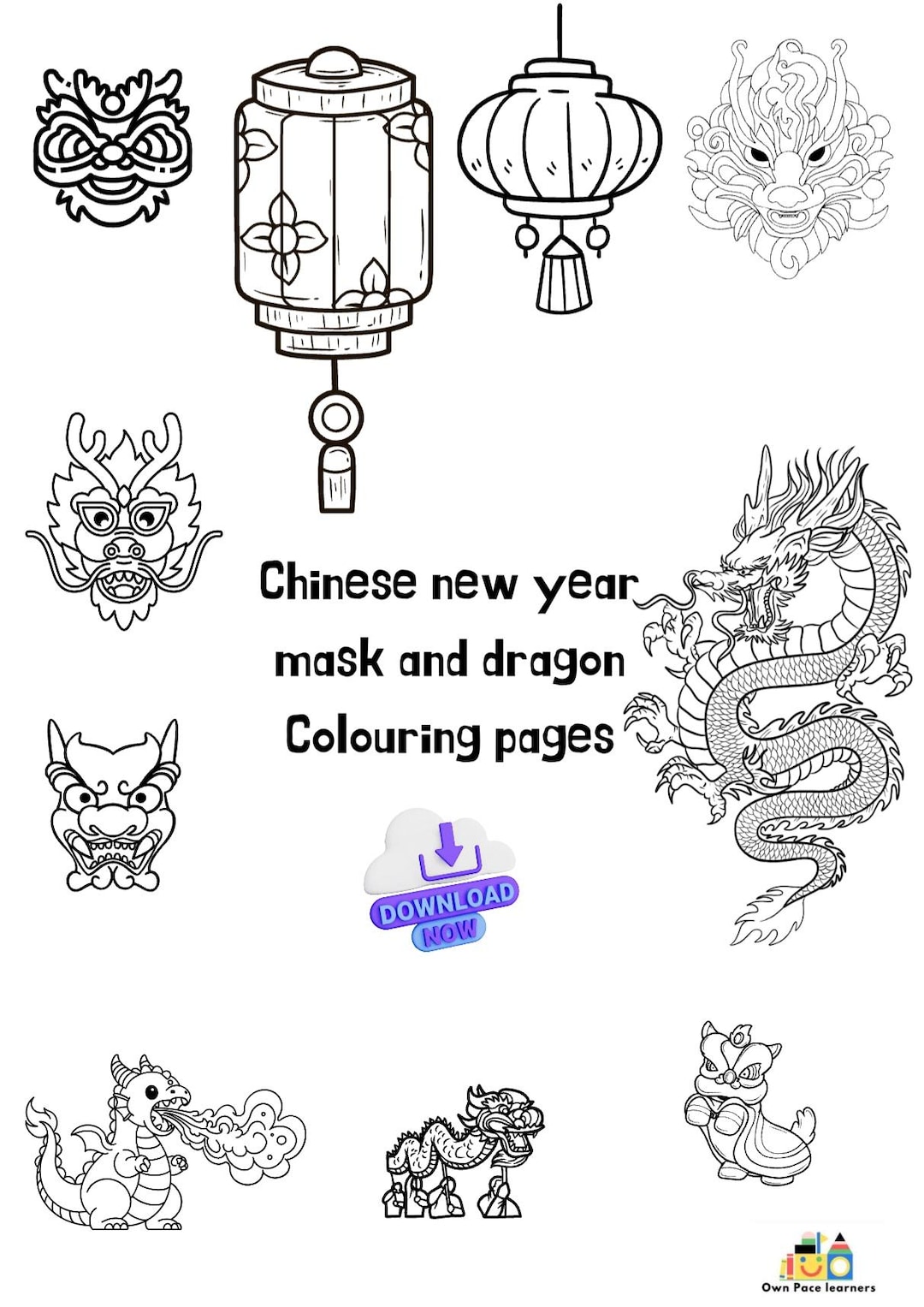 Chinese New Year Masks and Dragons Colouring Pages Printable Sheets for ...