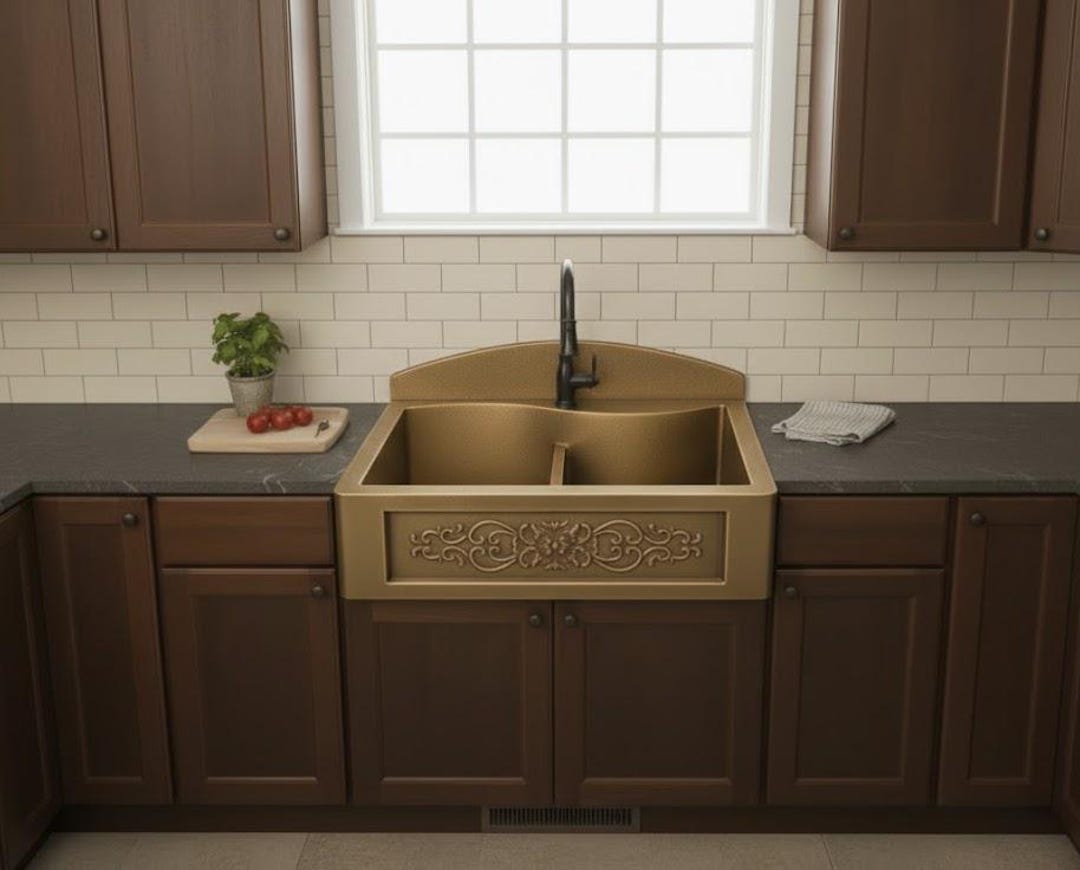 Hand-hammered Gold Copper Farmhouse Sink – Double Bowl, Floral Scroll ...