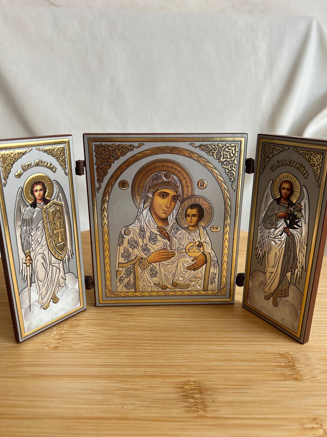 Triptych Icon With Virgin Mary and Archangels in Durable Metal Alloy Plated With Silver and Gold ...