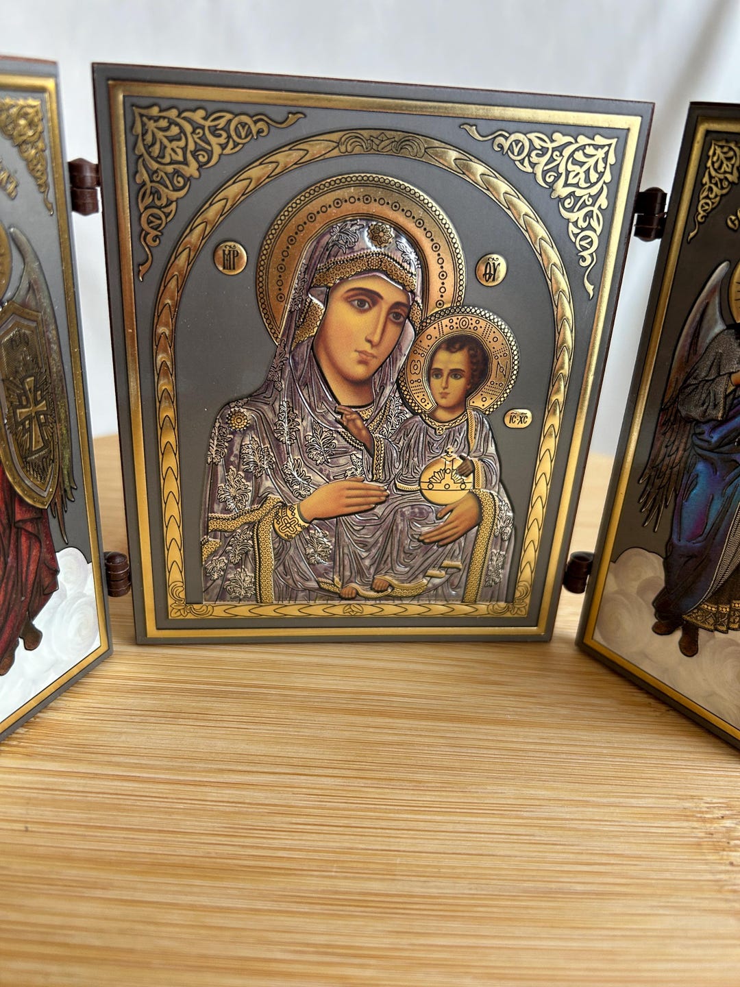 Triptych Icon With Virgin Mary and Archangels in Durable Metal Alloy Plated With Silver and Gold ...