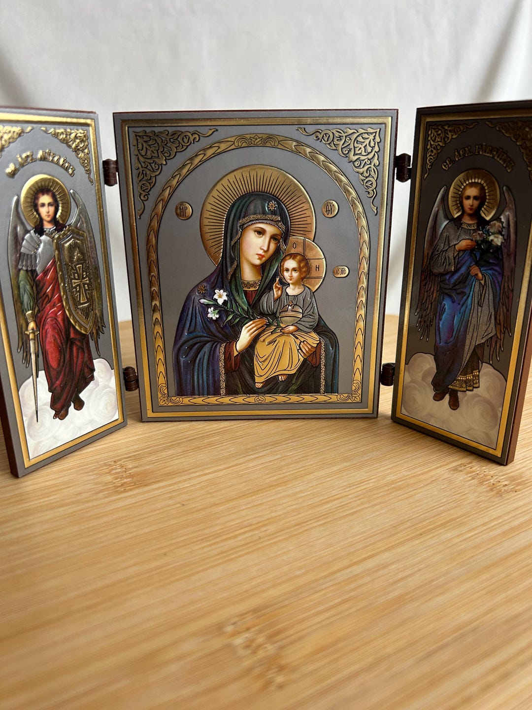 Triptych Icon With Virgin Mary and Archangels in Durable Metal Alloy Plated With Silver and Gold ...