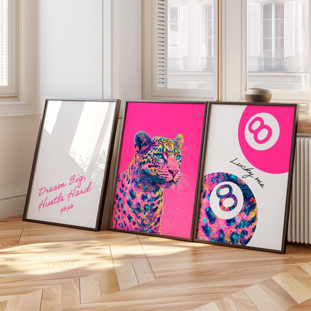 Pink Leopard Wall Art Set,wall Art Prints Glitter Cheetah,modern Neon ...