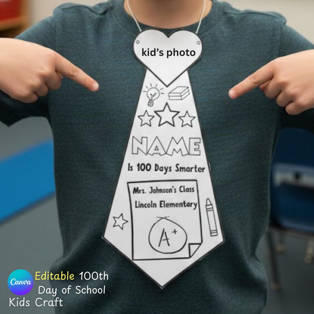 100th Day of School Craft Template – Photo Tie & Heart Face, Add Your ...