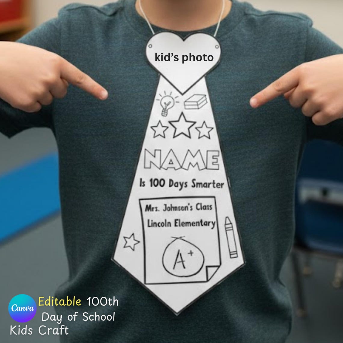 100th Day of School Craft Template – Photo Tie & Heart Face, Add Your ...