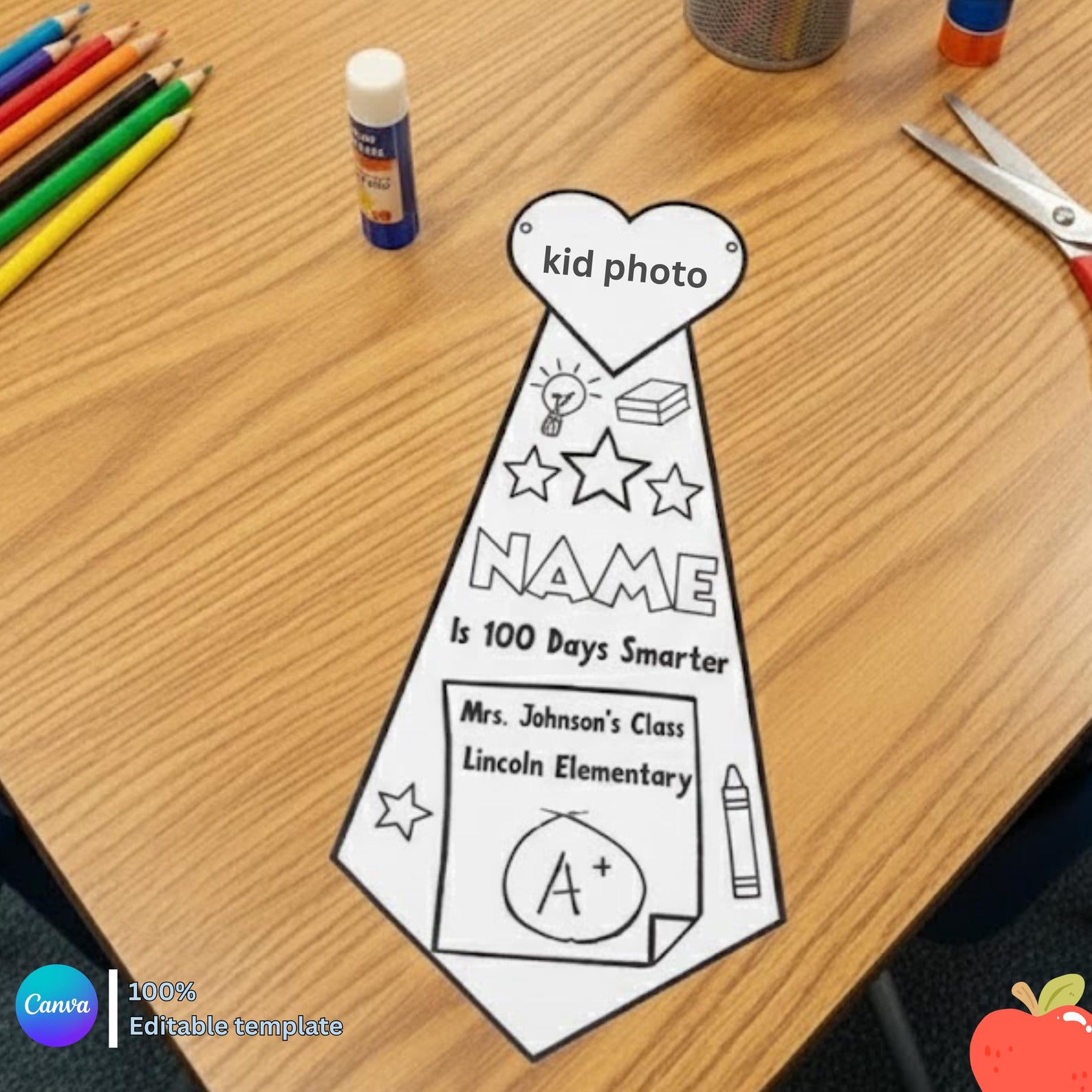 100th Day of School Craft Template – Photo Tie & Heart Face, Add Your ...