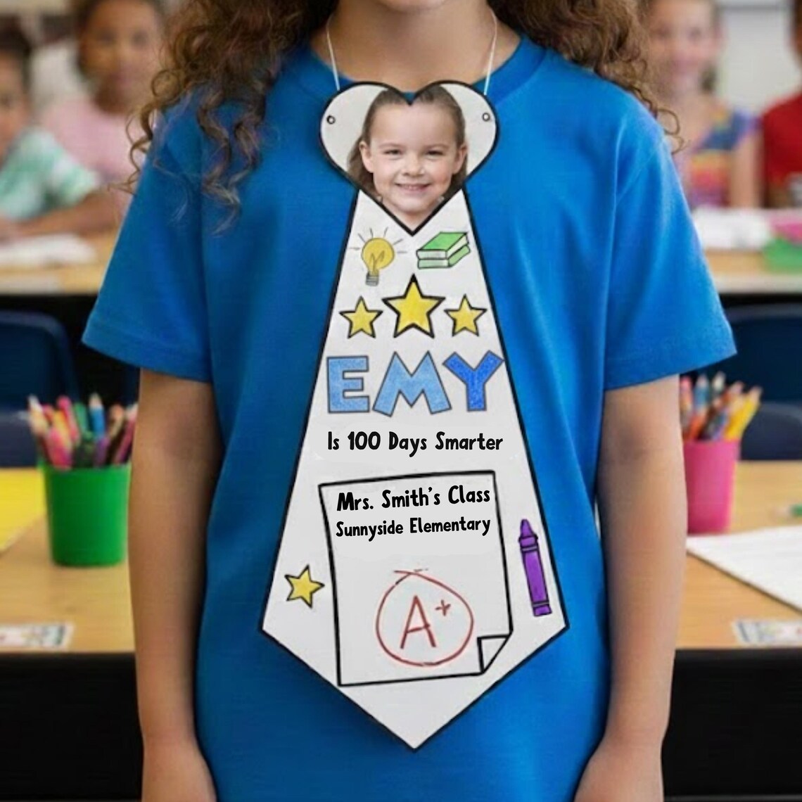 100th Day of School Craft Template – Photo Tie & Heart Face, Add Your ...