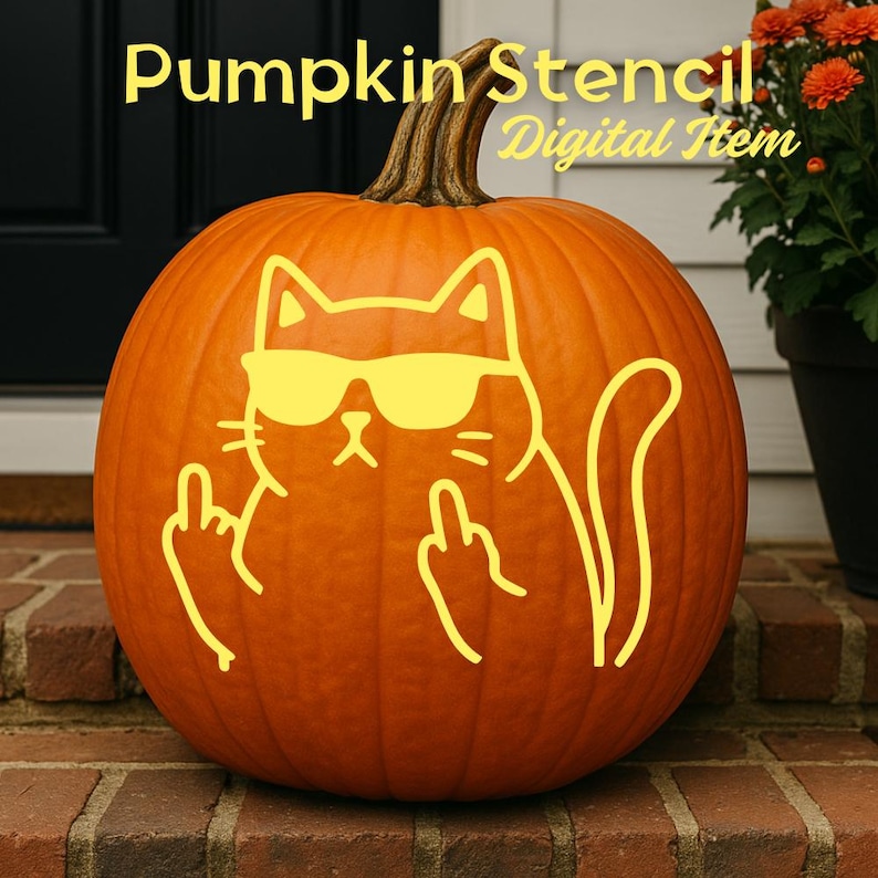 Halloween Funny Cat Middle Finger Carving Template | Spooky Stencil ...