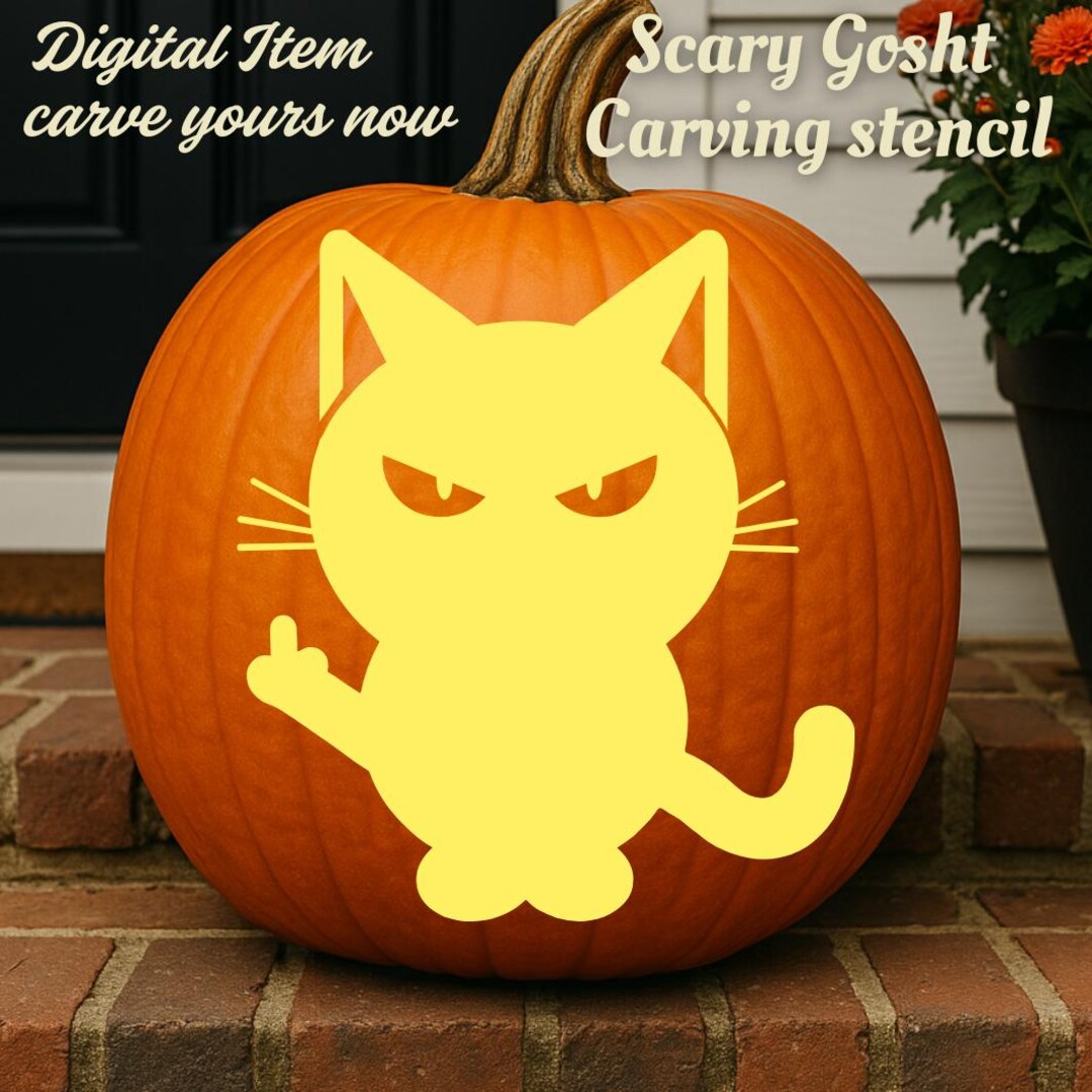 Funny Cat Middle Finger Pumpkin Carving Stencil | Halloween DIY ...