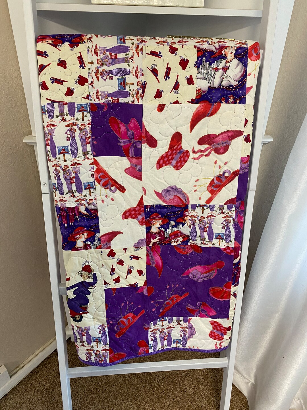 RED HAT QUILT, Red Hat Ladies Quilt, Handmade Woman's Quilt, Purple Lap ...