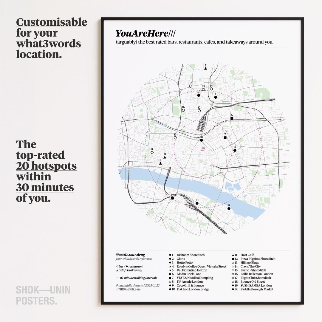 Custom Local Hotspots Poster - Personalised What3words Map of Bars ...