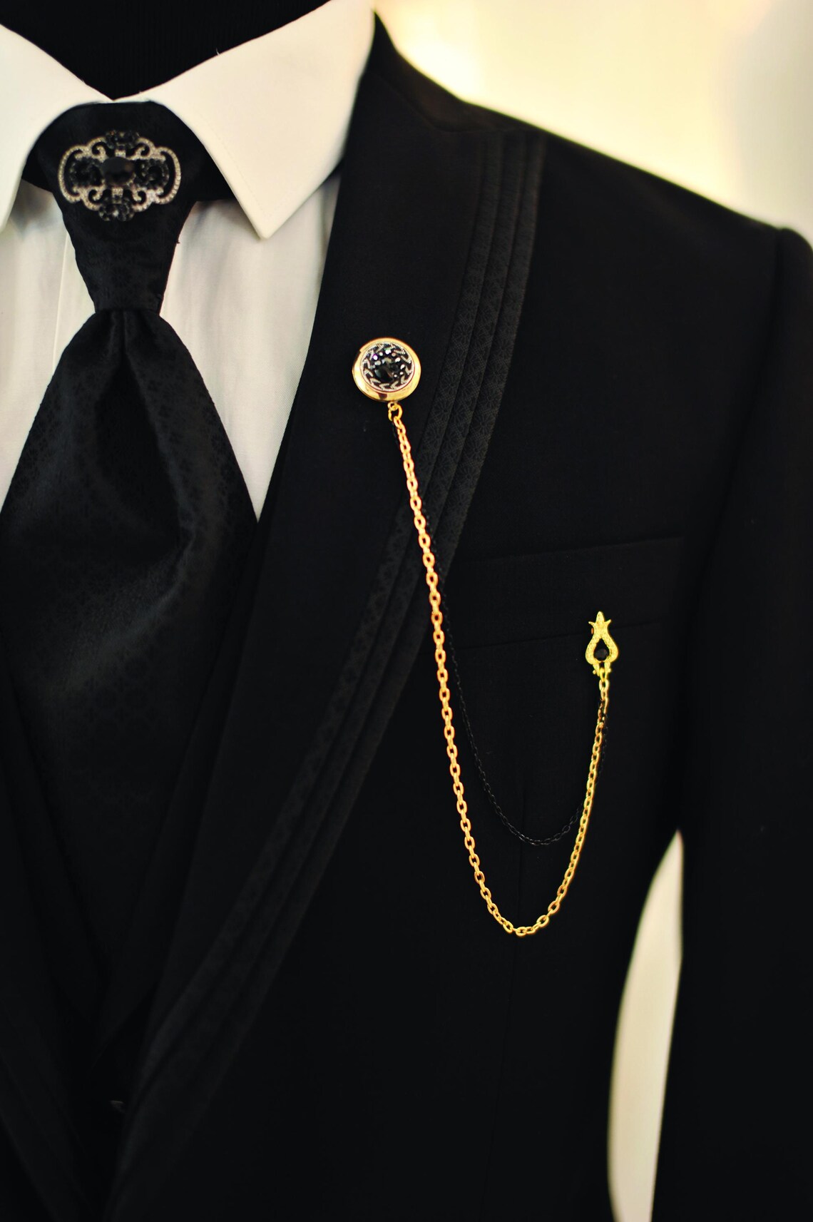 Elegant Gold and Black Chain Lapel Brooch, Gold Chain Jacket Brooch ...