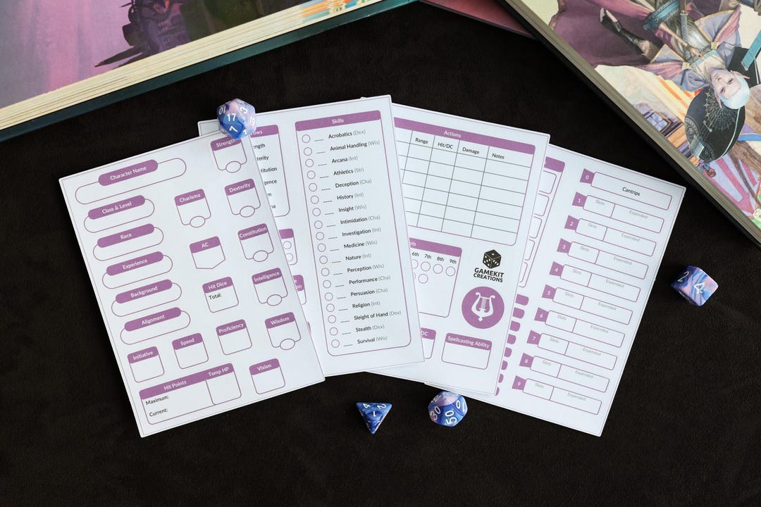 Character Sheet Stickers for Player Journals Bard Purple, RPG 5E ...