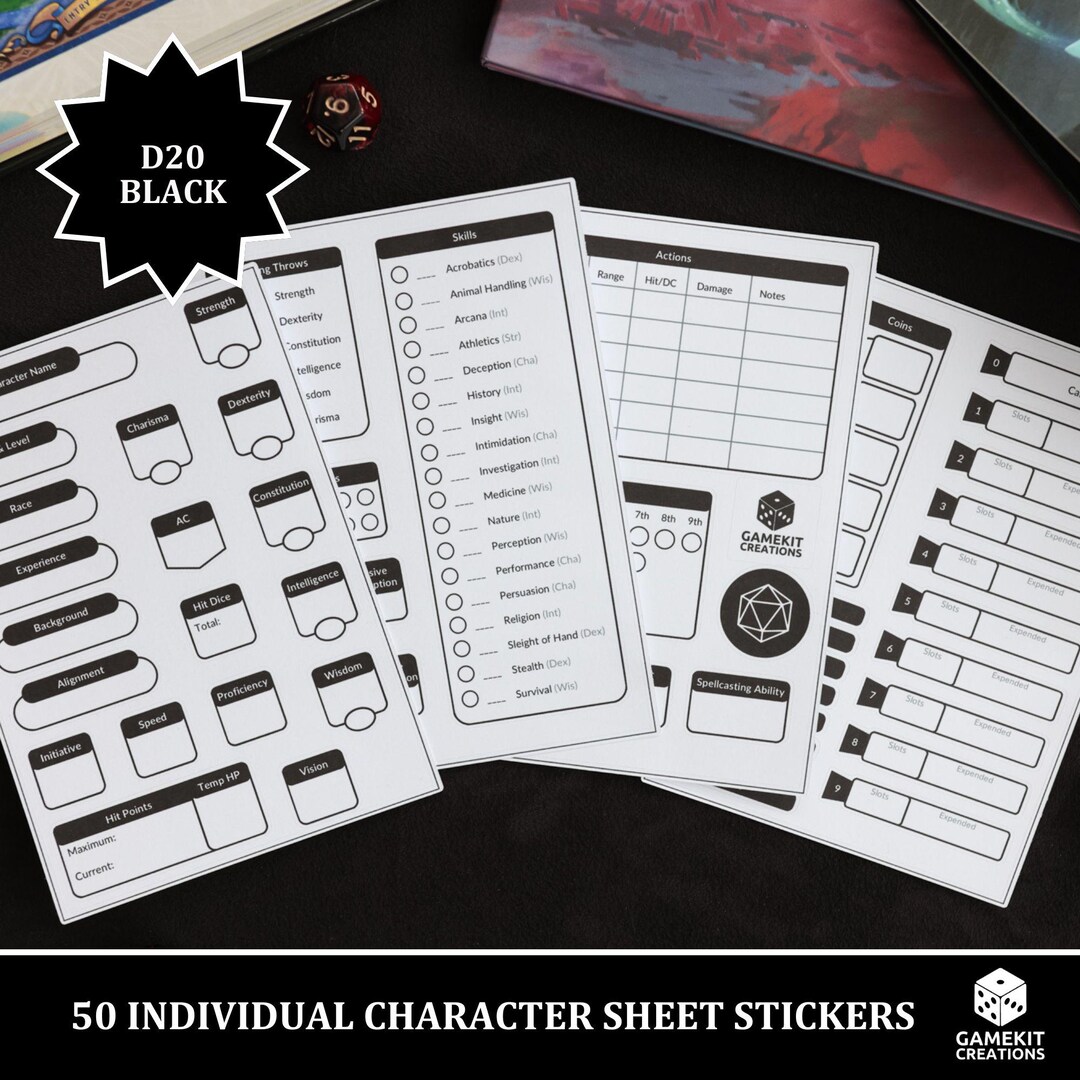 Black 5E Character Sheet Stickers for Player Journals – Erasable ...